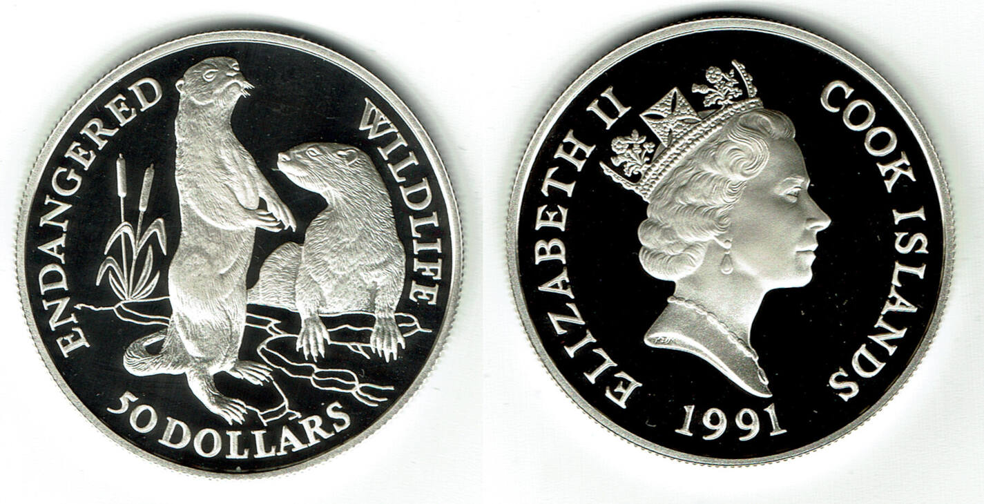 1991 cook islands, 50 dollars silver, endangered world wildlife - otter ...