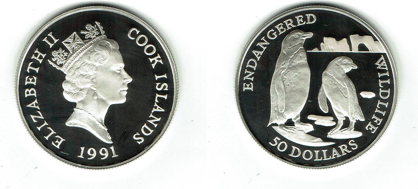 1992 cook islands, 50 dollars silver, endangered world wildlife ...