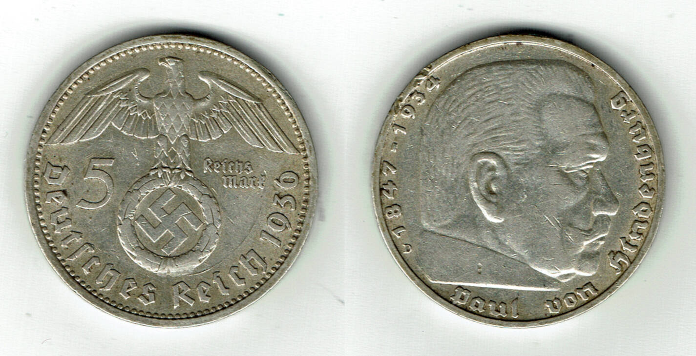 Drittes Reich, 5 Reichsmark 1936 D, Hindenburg mit HK, 13,89 g 900er ...