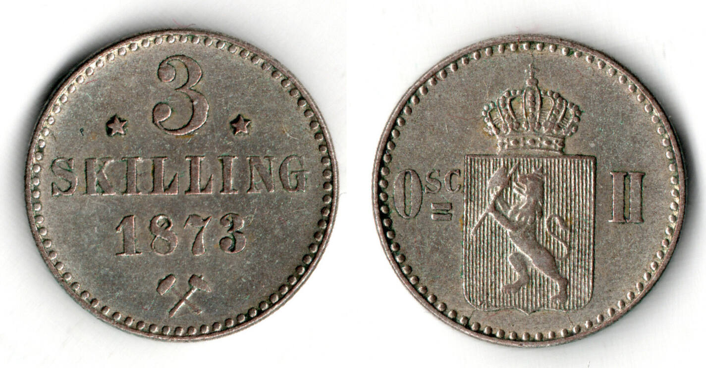 Norwegen 1873, 3 skilling, Oscar II., like scan aEF | MA-Shops