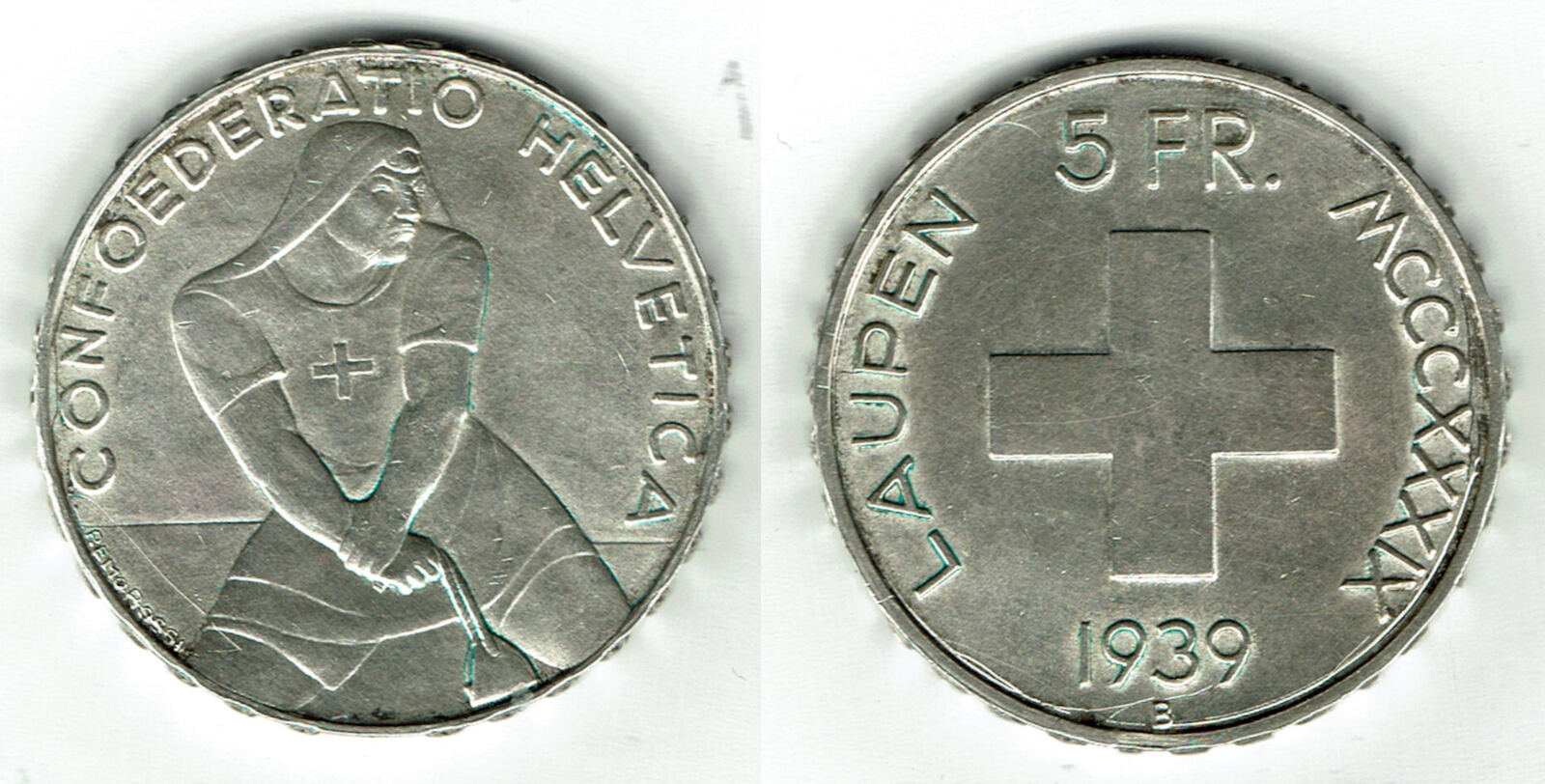 Schweiz Switzerland, silver coin, 5 Franken 1939 B, battle of Laupen, like scan VF-EF, Kratzer ...