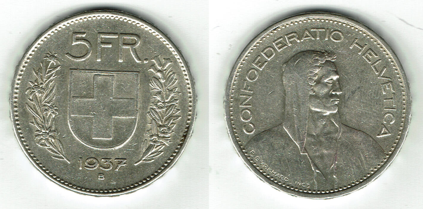 Schweiz Switzerland, silver coin, 5 Franken 1937, like scan VF | MA-Shops