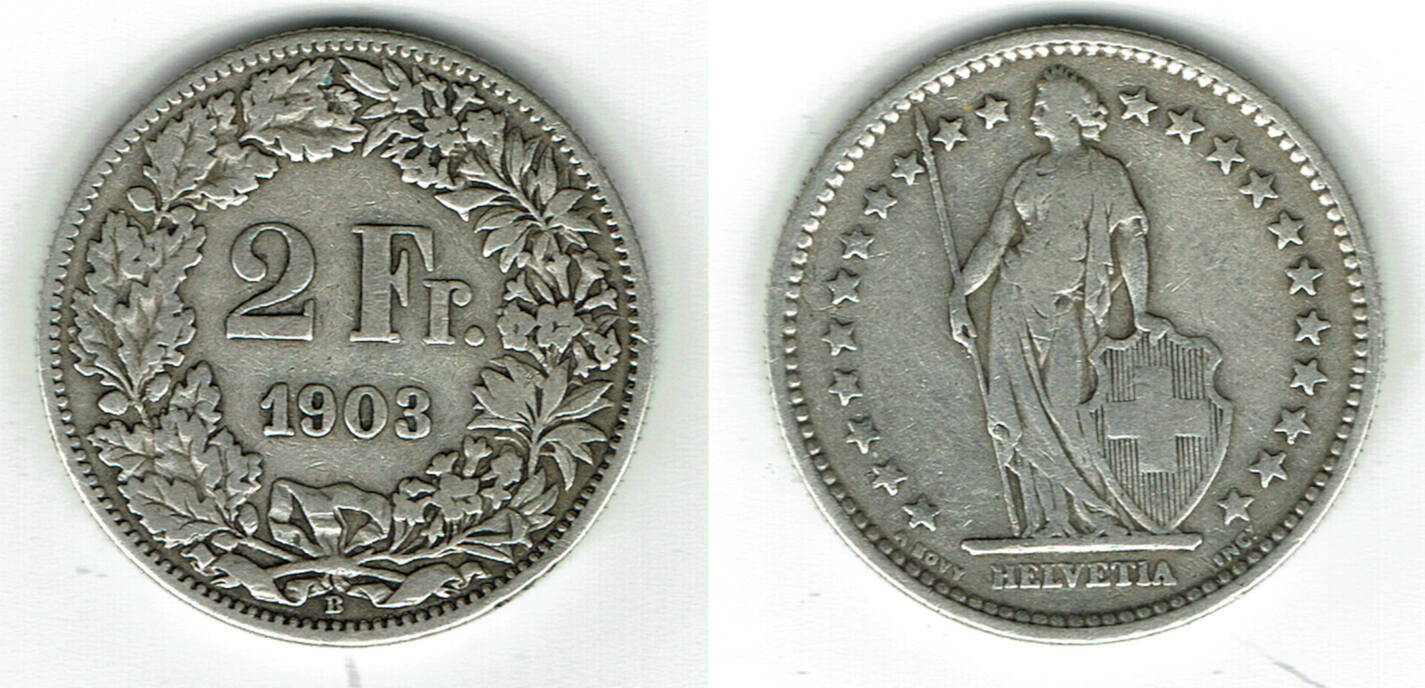 Schweiz Switzerland, silver coin, 2 Franken 1903, like scan VF | MA-Shops