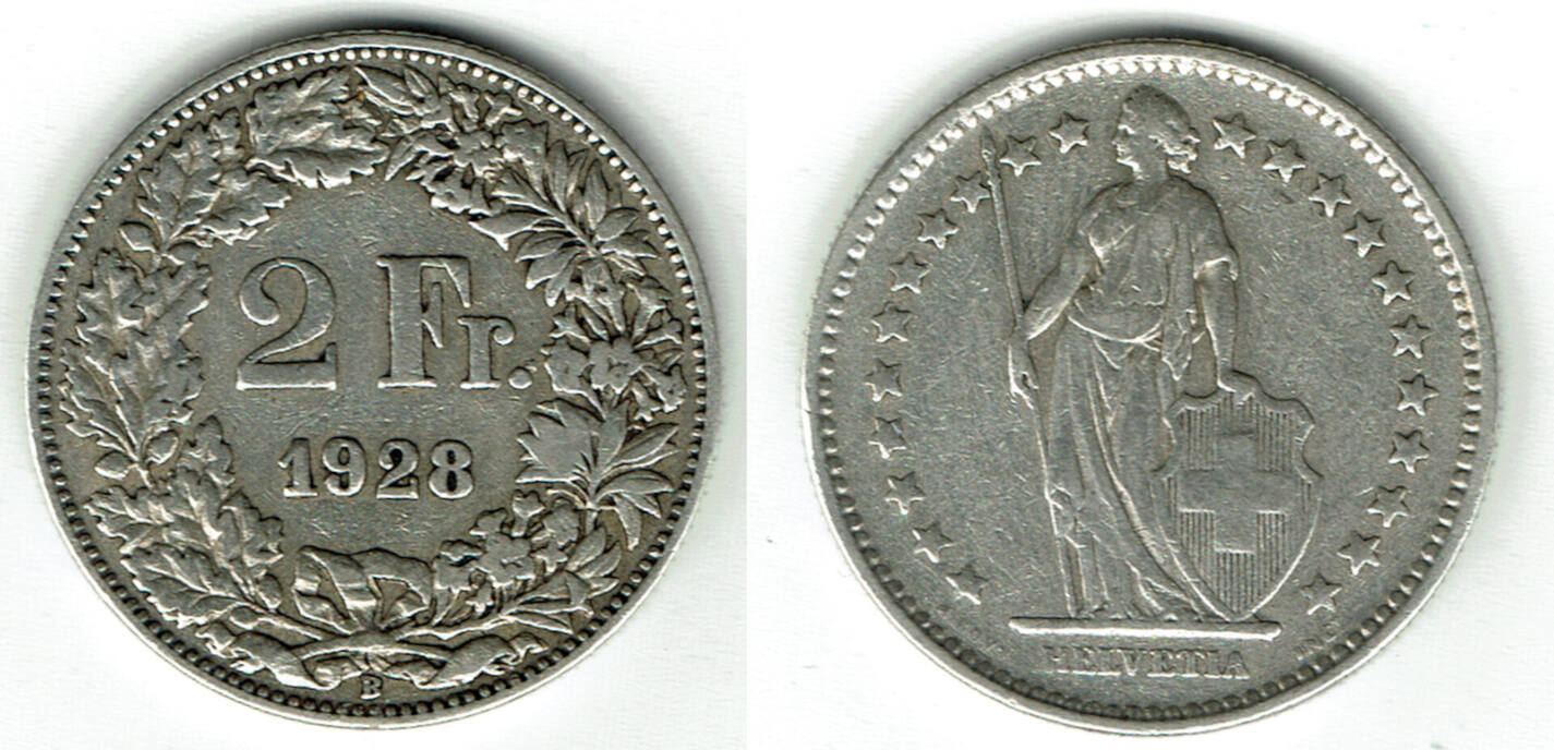Schweiz Switzerland, silver coin, 2 Franken 1928, like scan VF | MA-Shops