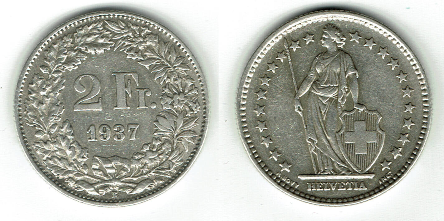 Schweiz Switzerland, silver coin, 2 Franken 1937, like scan VF+ | MA-Shops