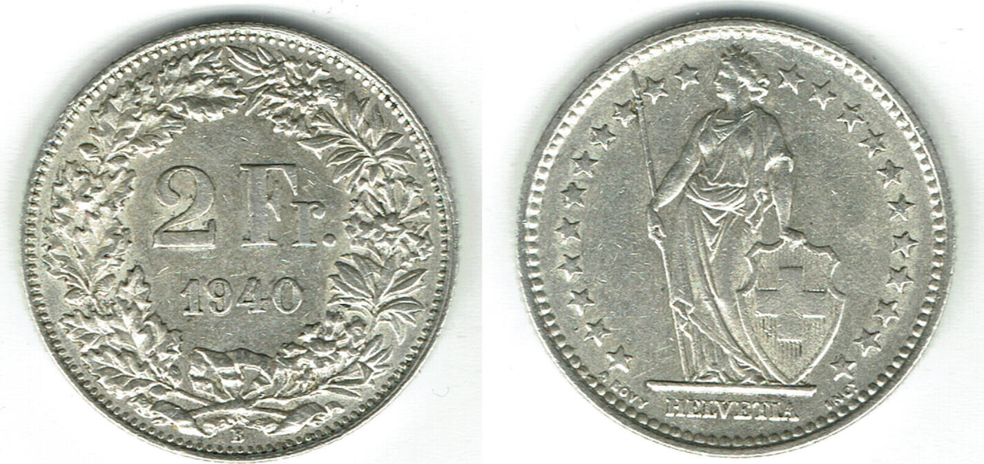 Schweiz Switzerland, silver coin, 2 Franken 1940, like scan VF-EF | MA-Shops