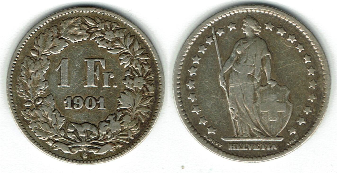 Schweiz 1901 Switzerland, silver coin, 1 Franken, like scan VF | MA-Shops