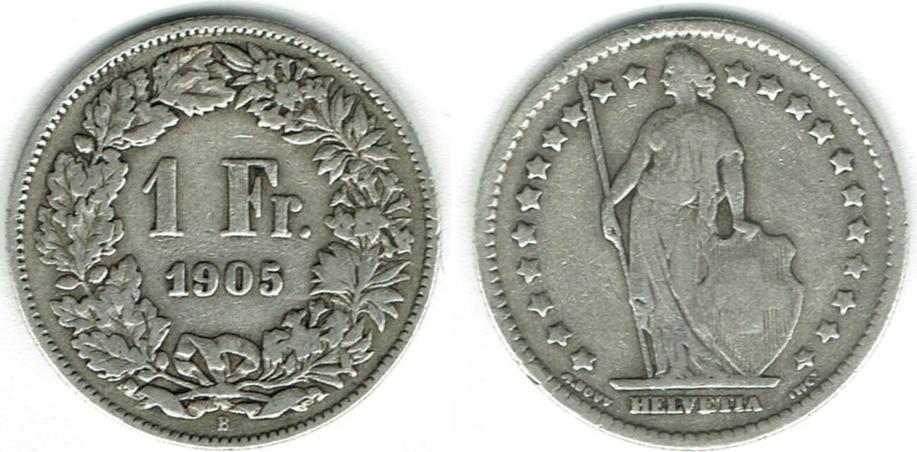 Schweiz 1905 Switzerland, silver coin, 1 Franken, like scan VF-EF | MA-Shops