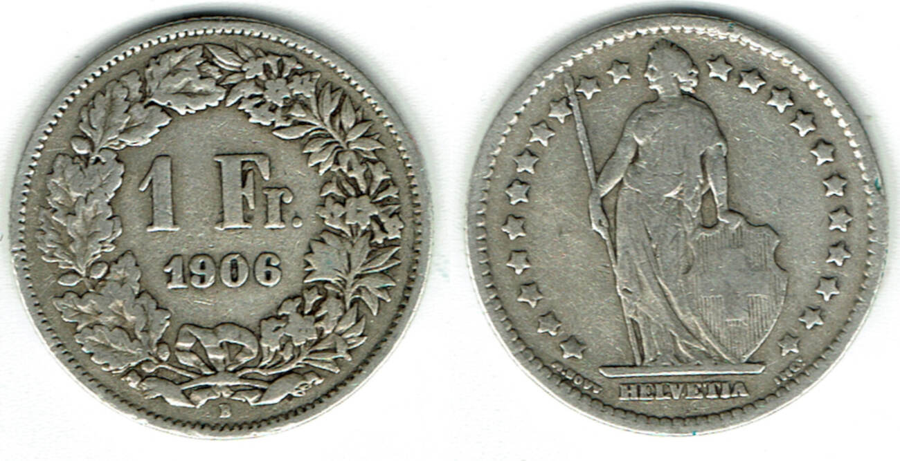 Schweiz 1906 Switzerland, silver coin, 1 Franken, like scan VF- | MA-Shops