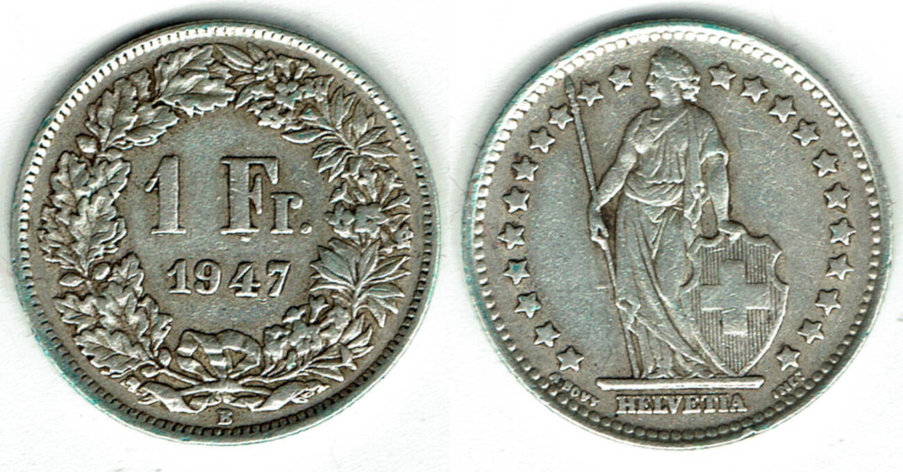 Schweiz 1947 Switzerland, silver coin, 1 Franken, like scan VF | MA-Shops