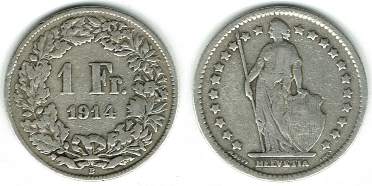 Schweiz 1914 Switzerland, silver coin, 1 Franken, like scan VF- | MA-Shops