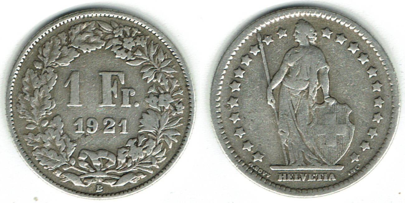 Schweiz 1921 Switzerland, silver coin, 1 Franken, like scan VF | MA-Shops