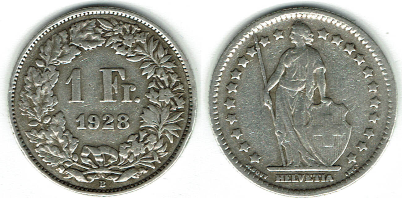 Schweiz 1928 Switzerland, silver coin, 1 Franken, like scan VF | MA-Shops