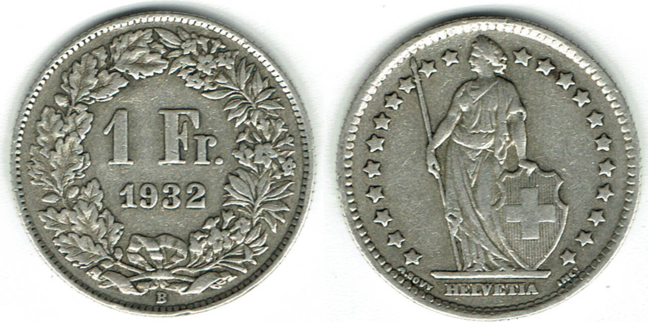Schweiz 1932 Switzerland, silver coin, 1 Franken, like scan VF | MA-Shops