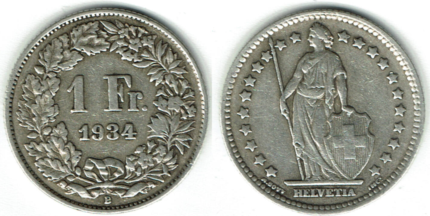 Schweiz 1934 Switzerland, silver coin, 1 Franken, like scan VF | MA-Shops