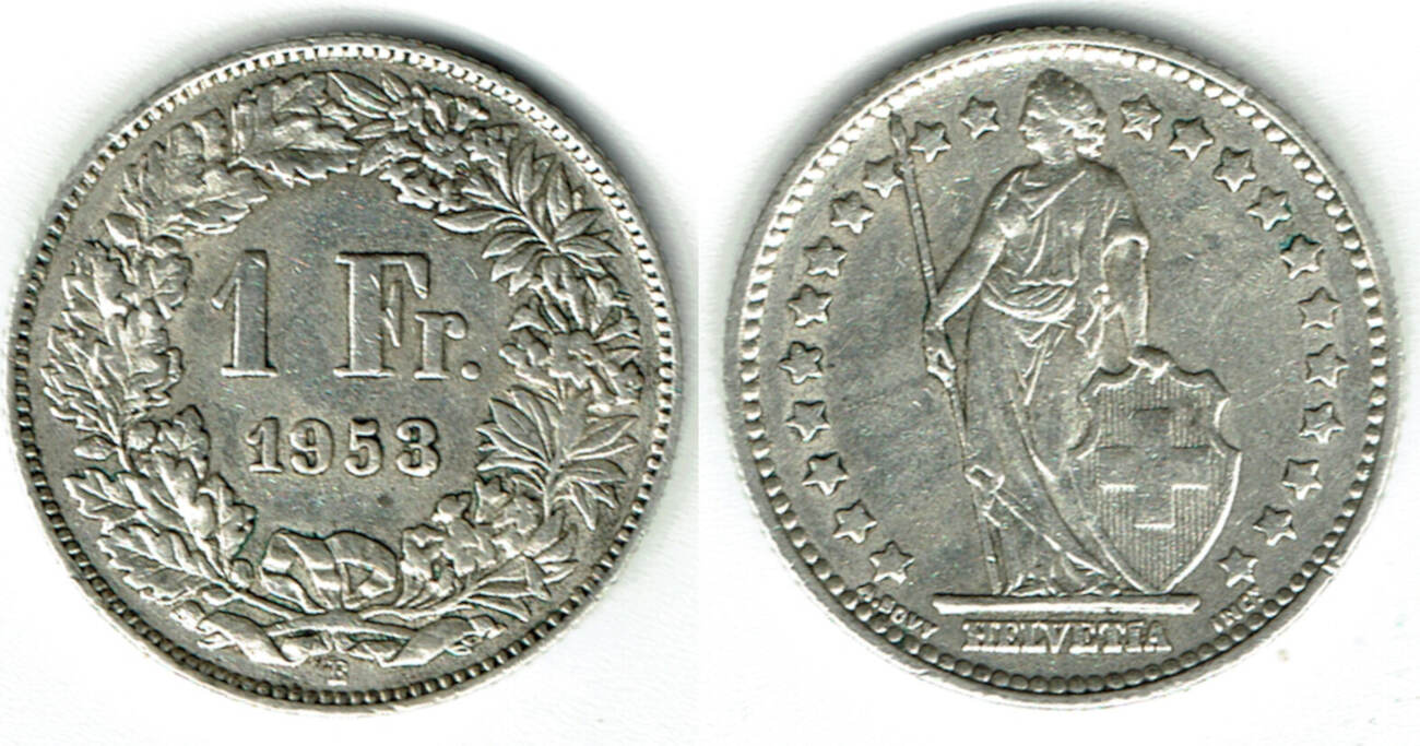 Schweiz 1953 Switzerland, silver coin, 1 Franken, like scan VF+ | MA-Shops