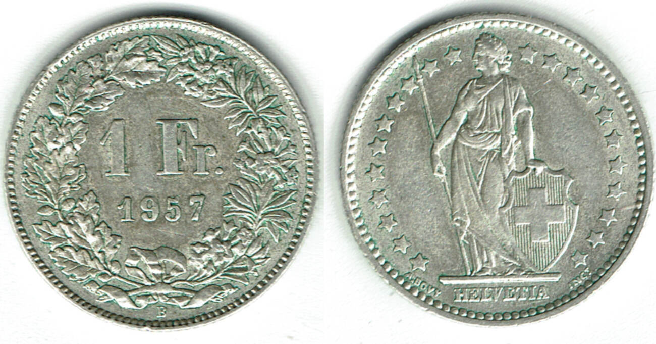 Schweiz 1957 Switzerland, silver coin, 1 Franken, like scan aEF | MA-Shops