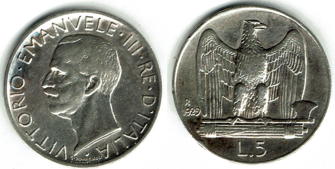 Italien Italy 1929, 5 Lire, Vittorio Emanuele III., like scan VF, Randfehler | MA-Shops