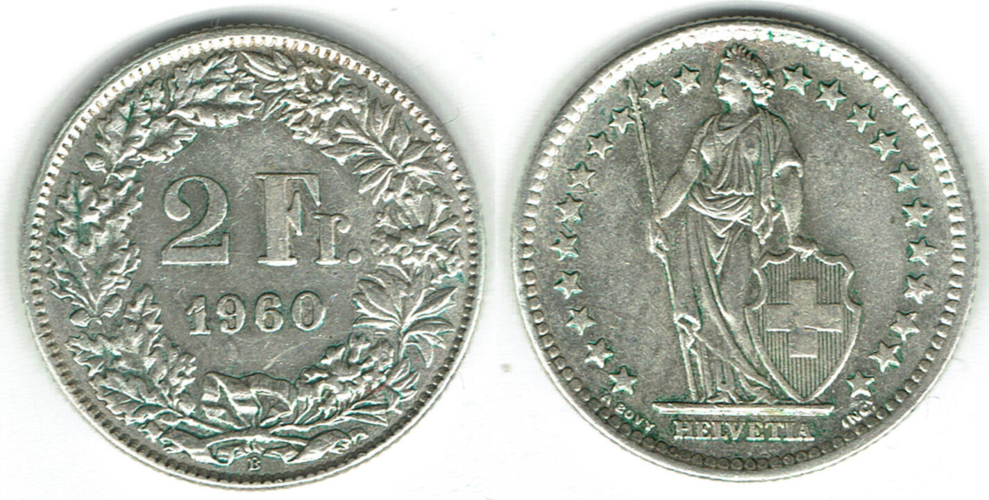 1960 Schweiz, Kursmünze Silber, 2 Franken, Erhaltung siehe Scan! EF | MA-Shops
