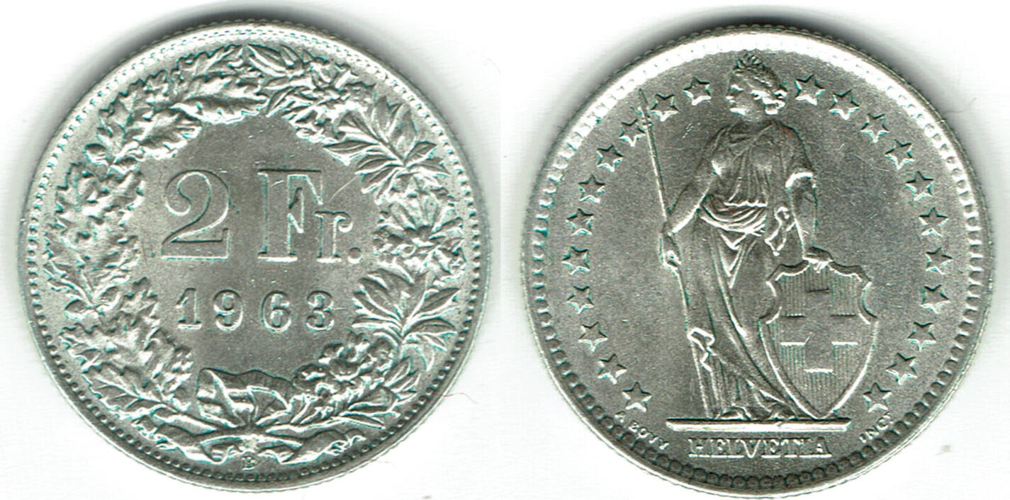 1963 Schweiz, Kursmünze Silber, 2 Franken, Erhaltung siehe Scan! AU | MA-Shops