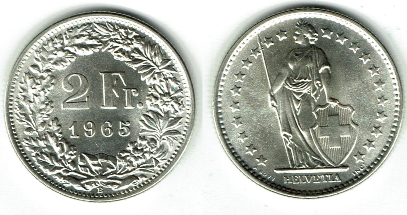 1965 Schweiz, Kursmünze Silber, 2 Franken, Erhaltung siehe Scan! CH UNC | MA-Shops