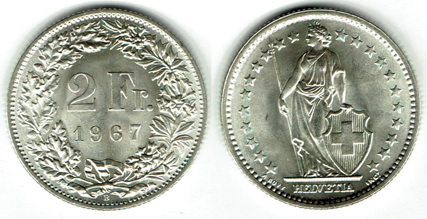 1967 Schweiz, Kursmünze Silber, 2 Franken, Erhaltung siehe Scan! UNC- | MA-Shops
