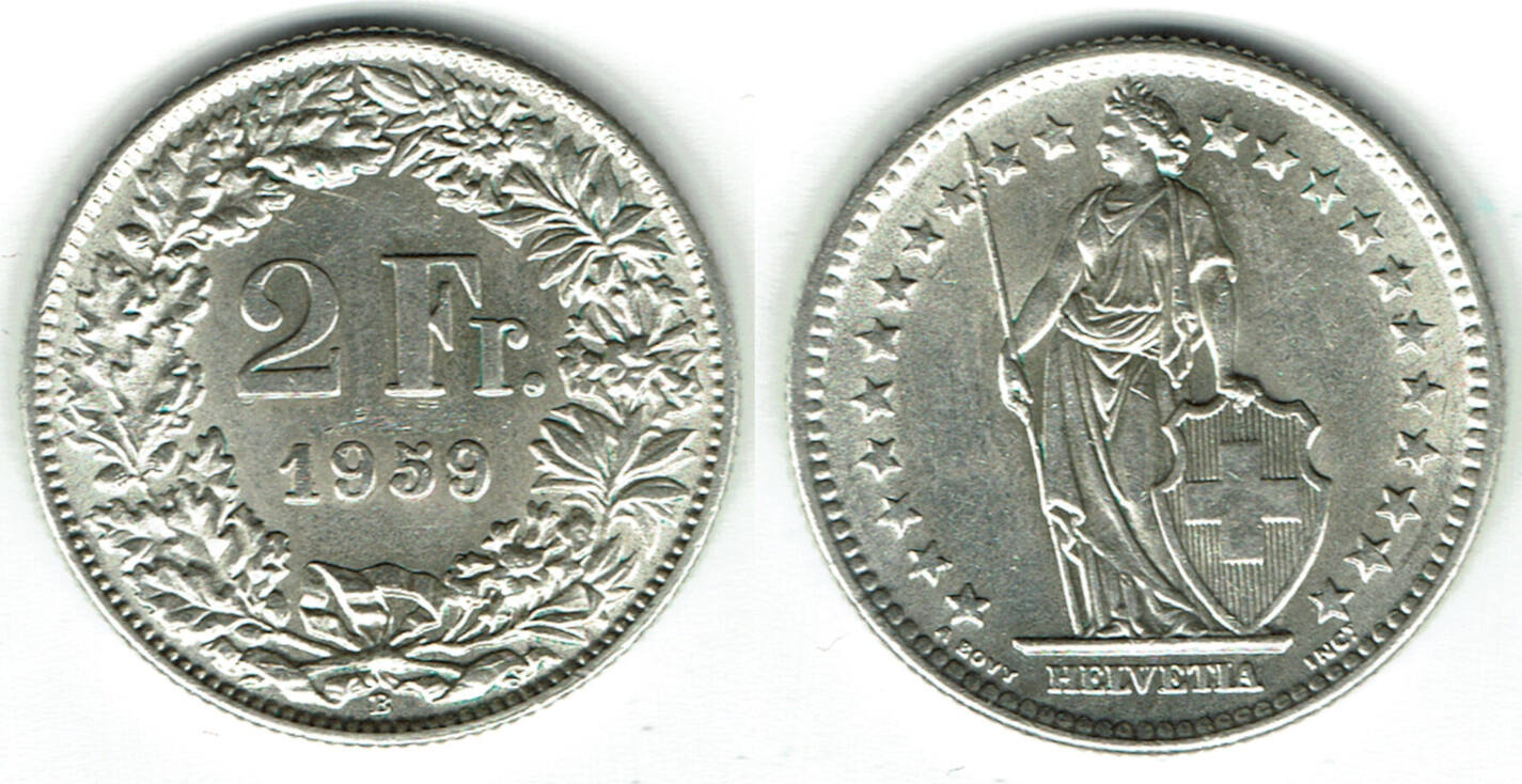 1959 Schweiz, Kursmünze Silber, 2 Franken, Erhaltung siehe Scan! EF | MA-Shops