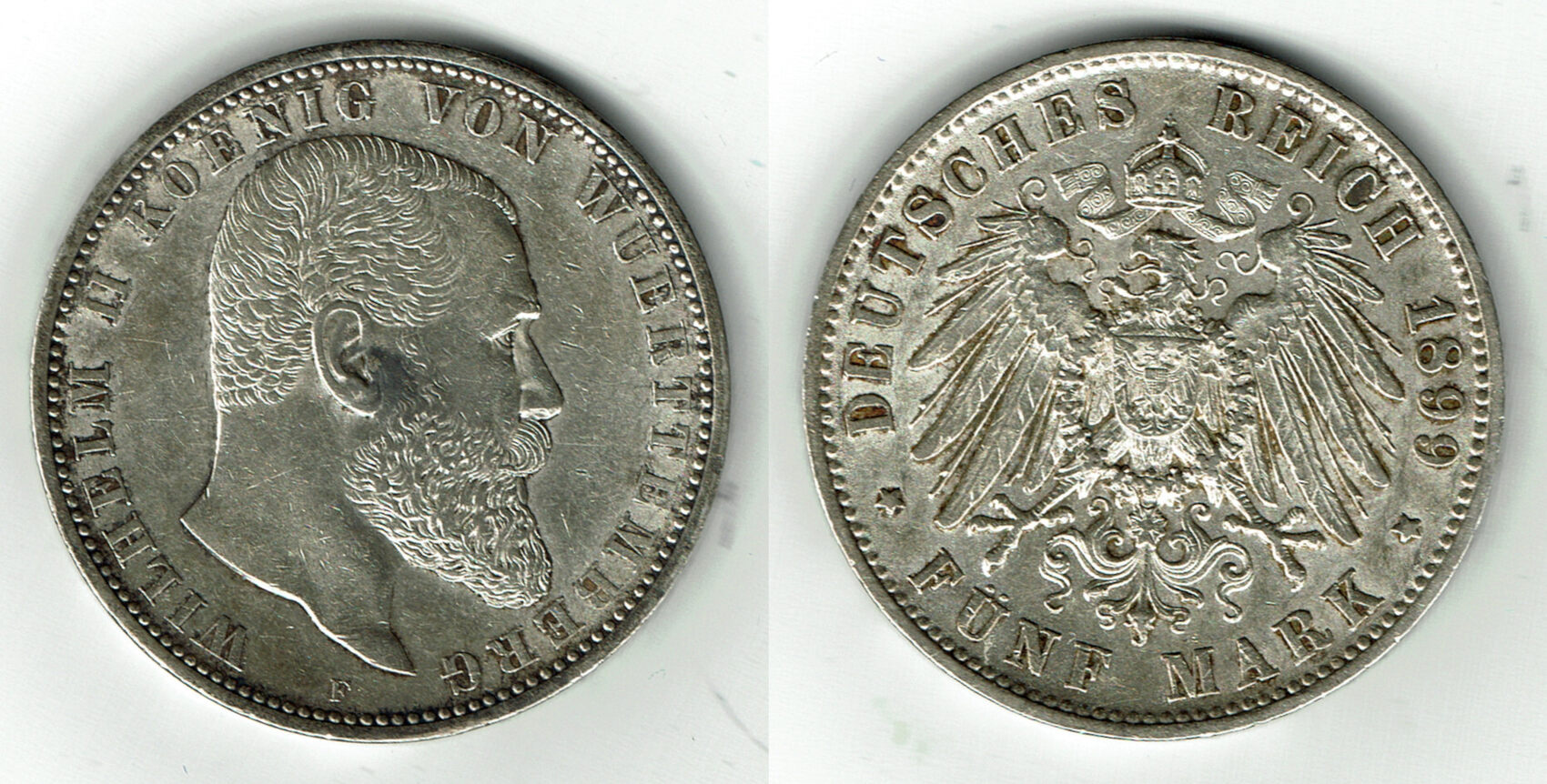 5 Mark Kaiserreich, Württemberg 1899 F, Wilhelm II., siehe Scan ...