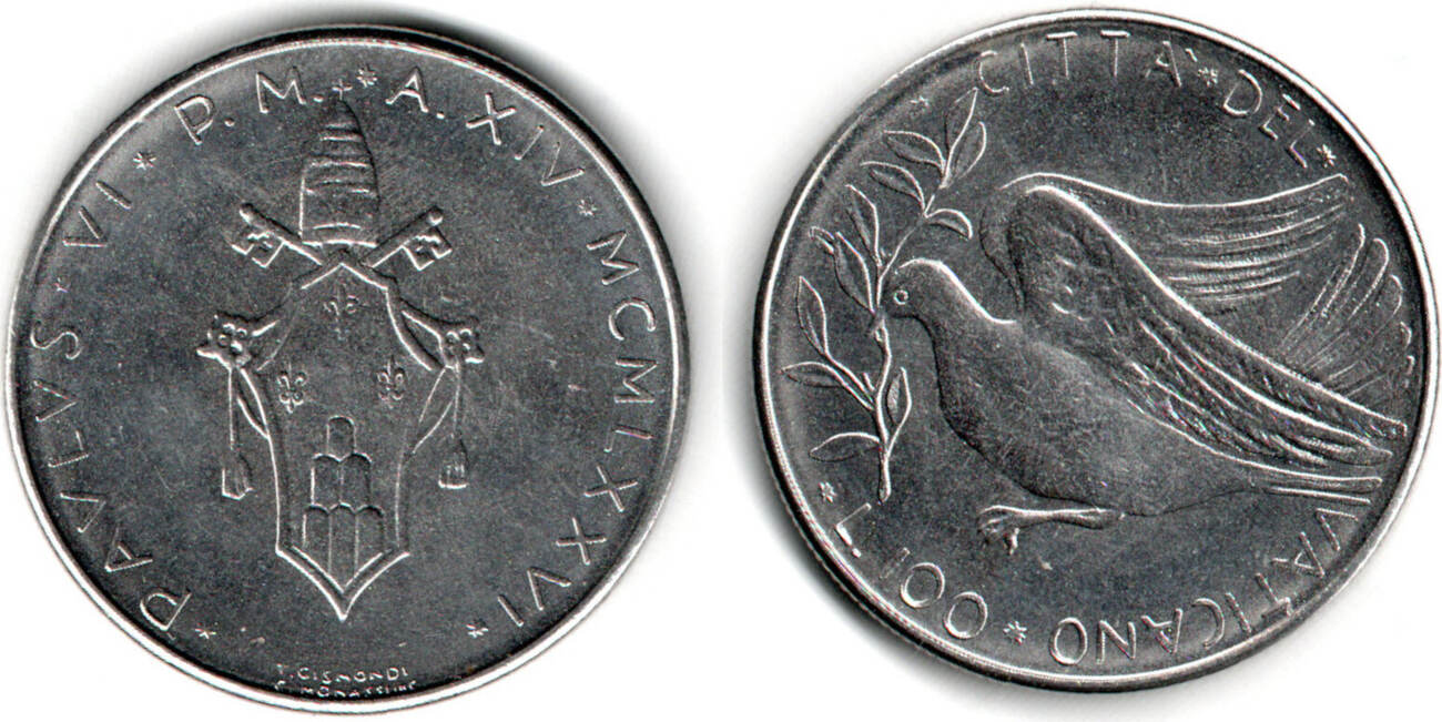 Vatikan 100 Lire vatican,1976, Paul VI., condition like scan UNC | MA-Shops