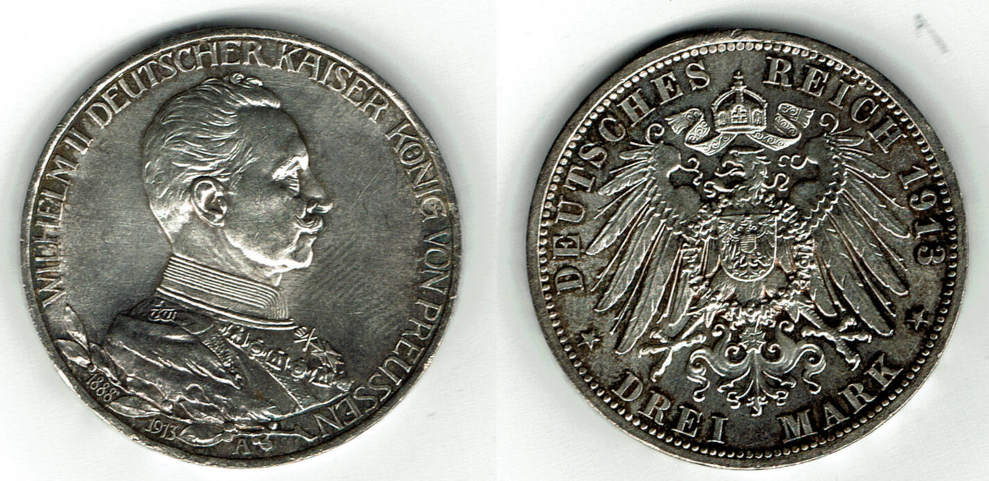 Preußen 3 Mark 1913 A, Wilhelm II. in Uniform, Erhaltung siehe Scan! EF, minimal berieben | MA-Shops