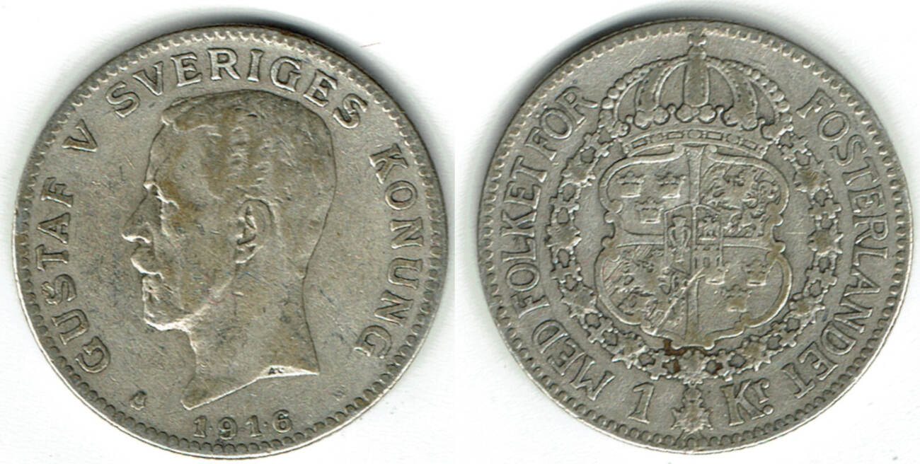 Schweden sweden silver coin 1916, 1 krona, Gustaf V., like scan! VF ...
