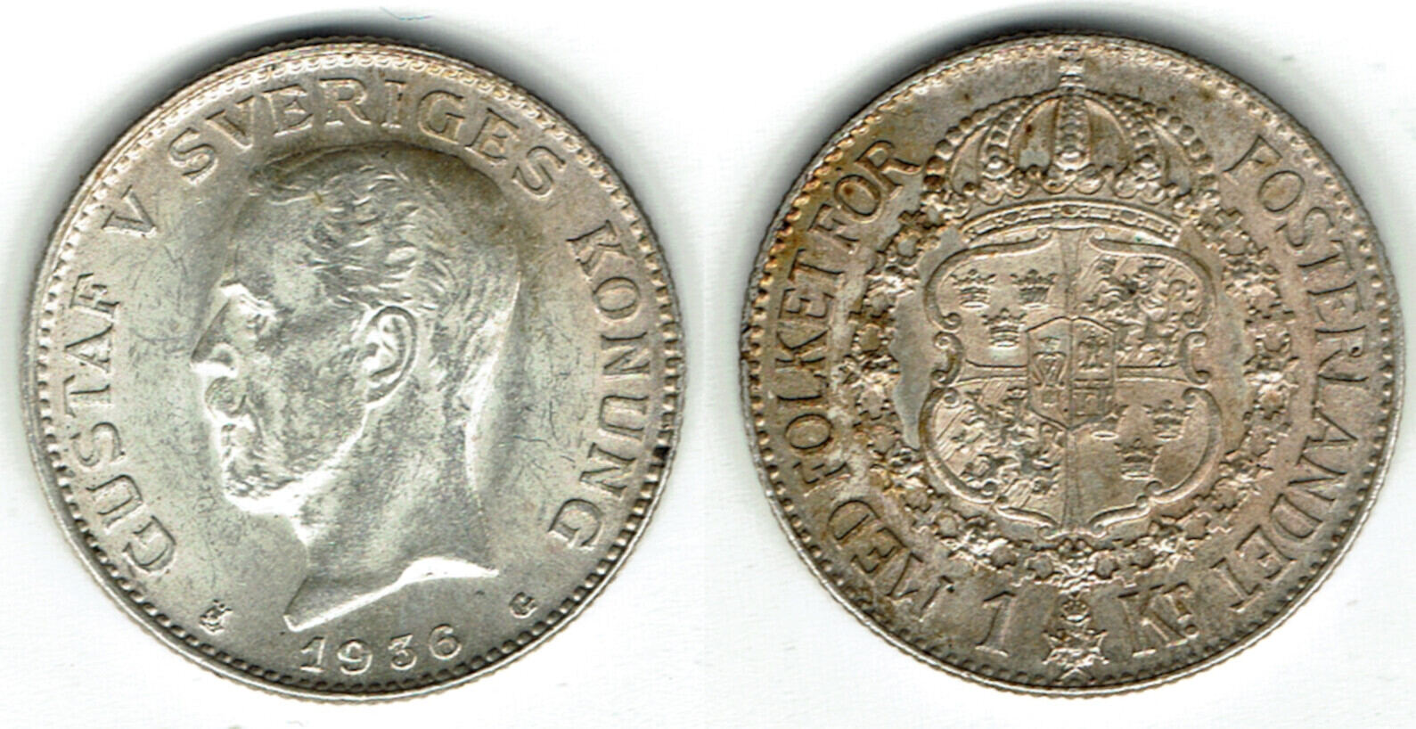 Schweden sweden silver coin 1936, 1 krona, Gustaf V., like scan! UNC ...
