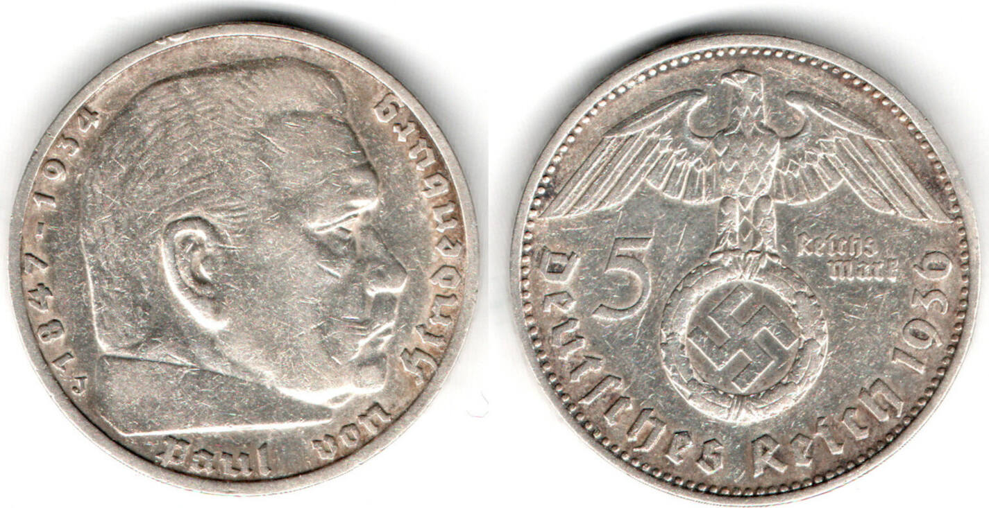 Drittes Reich, 5 Reichsmark 1936 J, Hindenburg mit HK, 13,89 g 900er ...