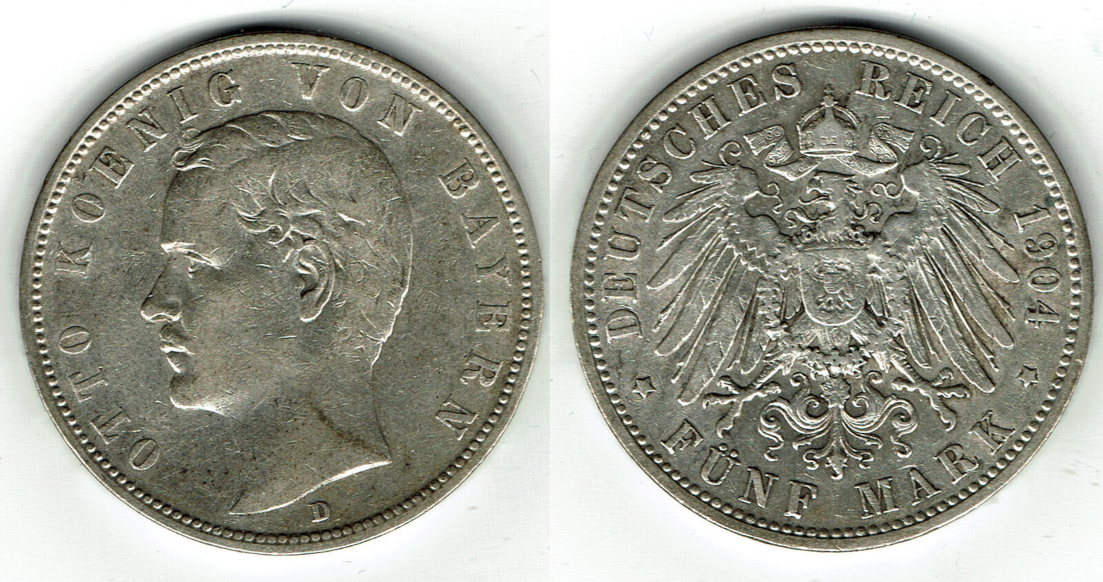 Kaiserreich - Bayern Deutsches Kaiserreich, Bayern, König Otto, 5 Mark 1904 D, Silber! VF | MA-Shops