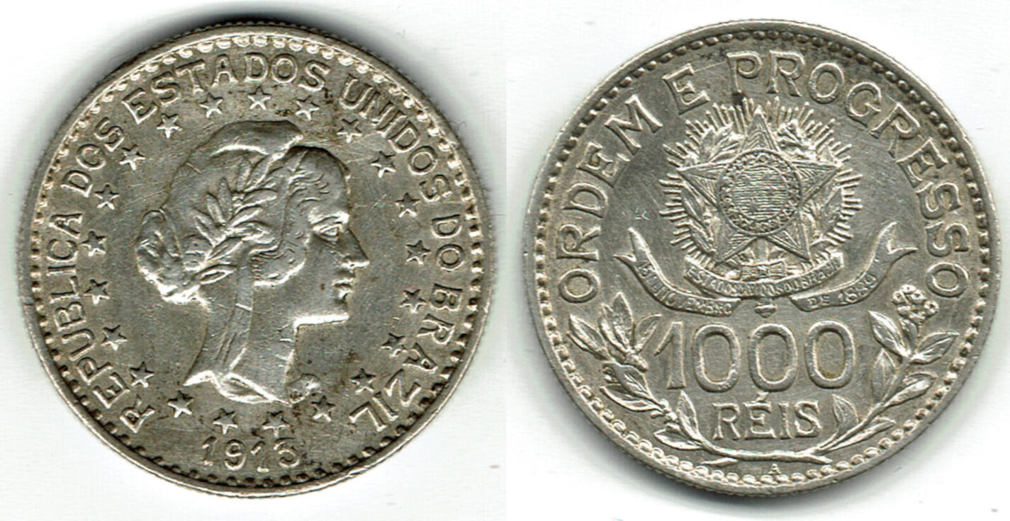 Brasilien brazil, silver coin 1913, 1000 Reis, Liberty head, like scan ...