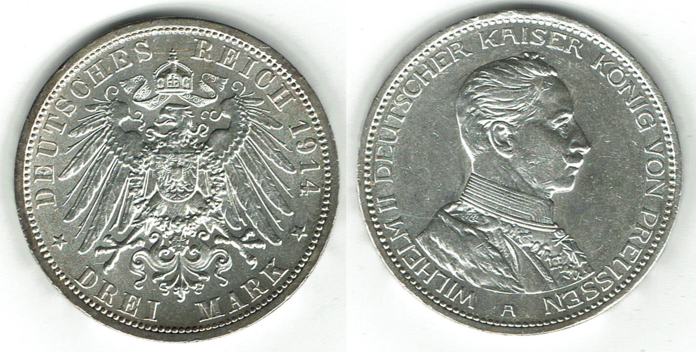 Preußen 3 Mark 1914 A, Wilhelm II. in Uniform, Erhaltung siehe Scan! VF-EF / EF, kl. Randfehler ...