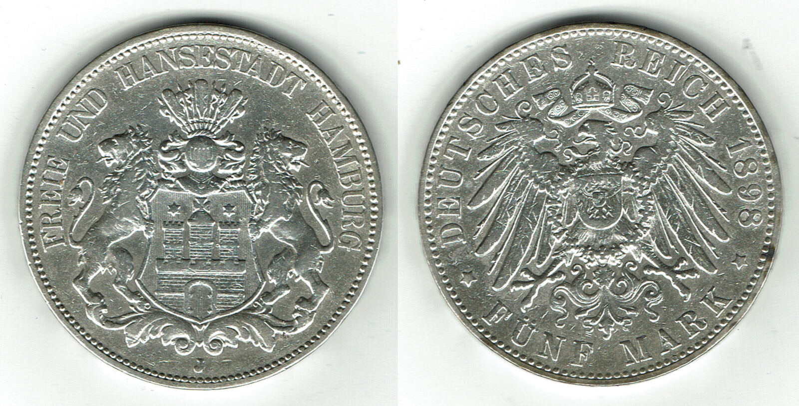 Kaiserreich, Hamburg, 5 Mark 1898 J, Stadtwappen, Erhaltung siehe Scan! VF | MA-Shops