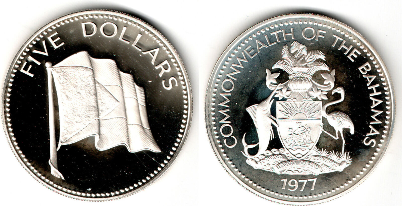 1977 bahamas islands, 5 dollars, flag /shield with flamingo / Merlin ...