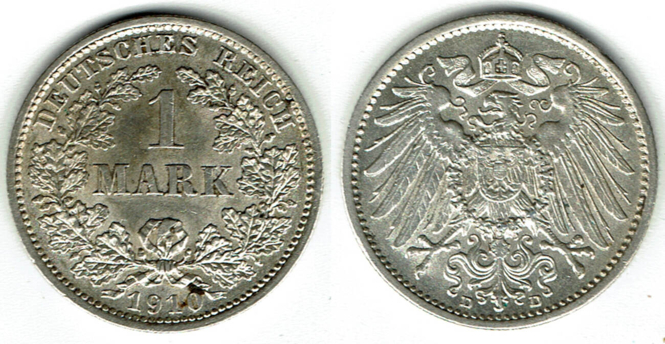 1910D Kaiserreich, Kursmünze 1 Mark 1910 D, 900er Silber! EF | MA-Shops