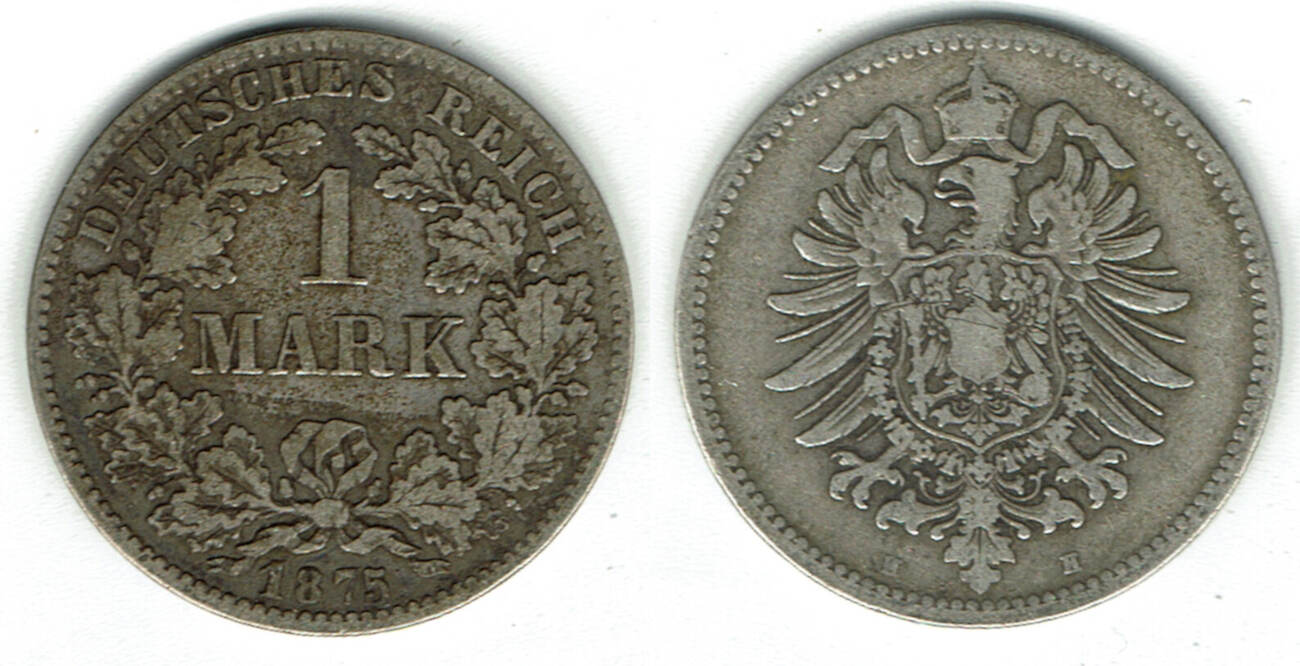 Kaiserreich, Kursmünze 1 Mark 1875 H, 900er Silber! VF-EF | MA-Shops