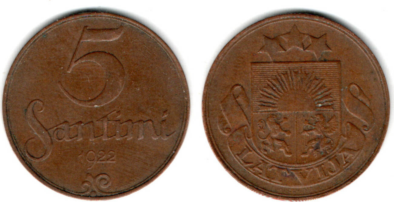 Lettland 1922 Latvija (Latvia), 5 Santimi VF | MA-Shops
