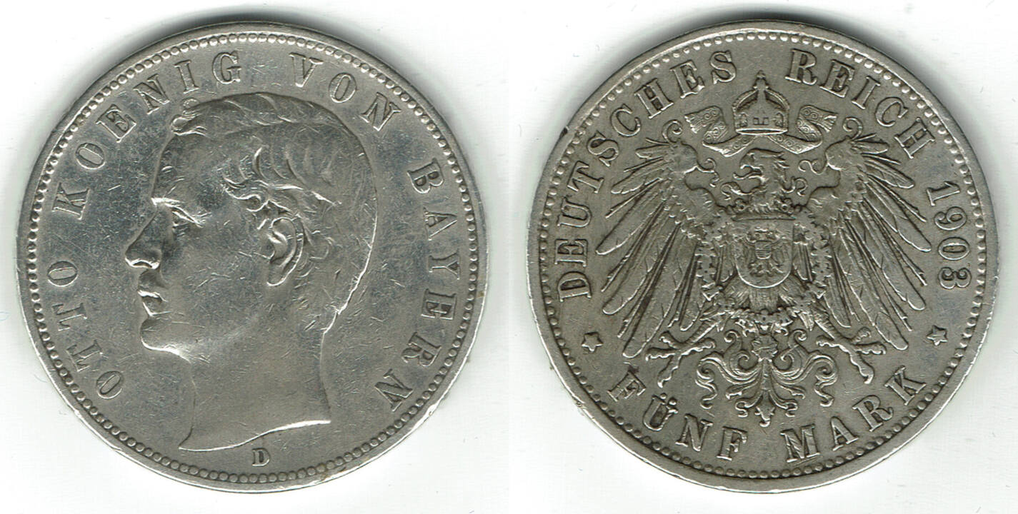 Kaiserreich - Bayern Deutsches Kaiserreich, Bayern, König Otto, 5 Mark 1903 D, Silber! VF, kl ...