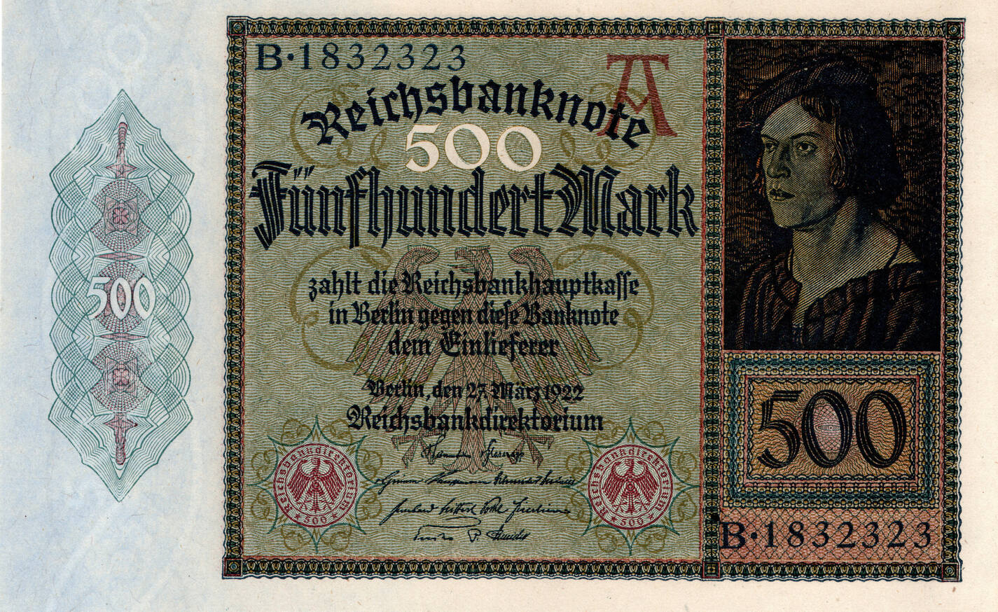 Weimarer Republik - Inflationszeit Banknote 500 Mark, 27. März 1922, Ro ...