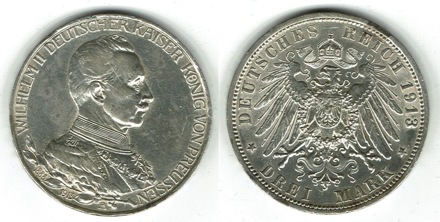 Preußen 3 Mark 1913 A, Wilhelm II. in Uniform, Erhaltung siehe Scan! VF-EF, leicht berieben | MA ...