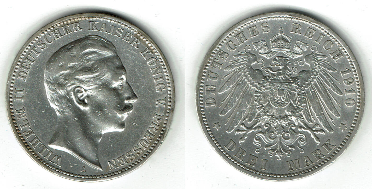 Kaiserreich, Preußen 3 Mark 1910 A, Wilhelm II., Erhaltung siehe Scan VF, kl. Randfehler | MA-Shops