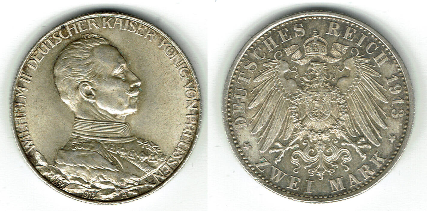 Kaiserreich, Preußen 2 Mark 1913, Wilhelm II., Erhaltung siehe Scan! AU / UNC- | MA-Shops