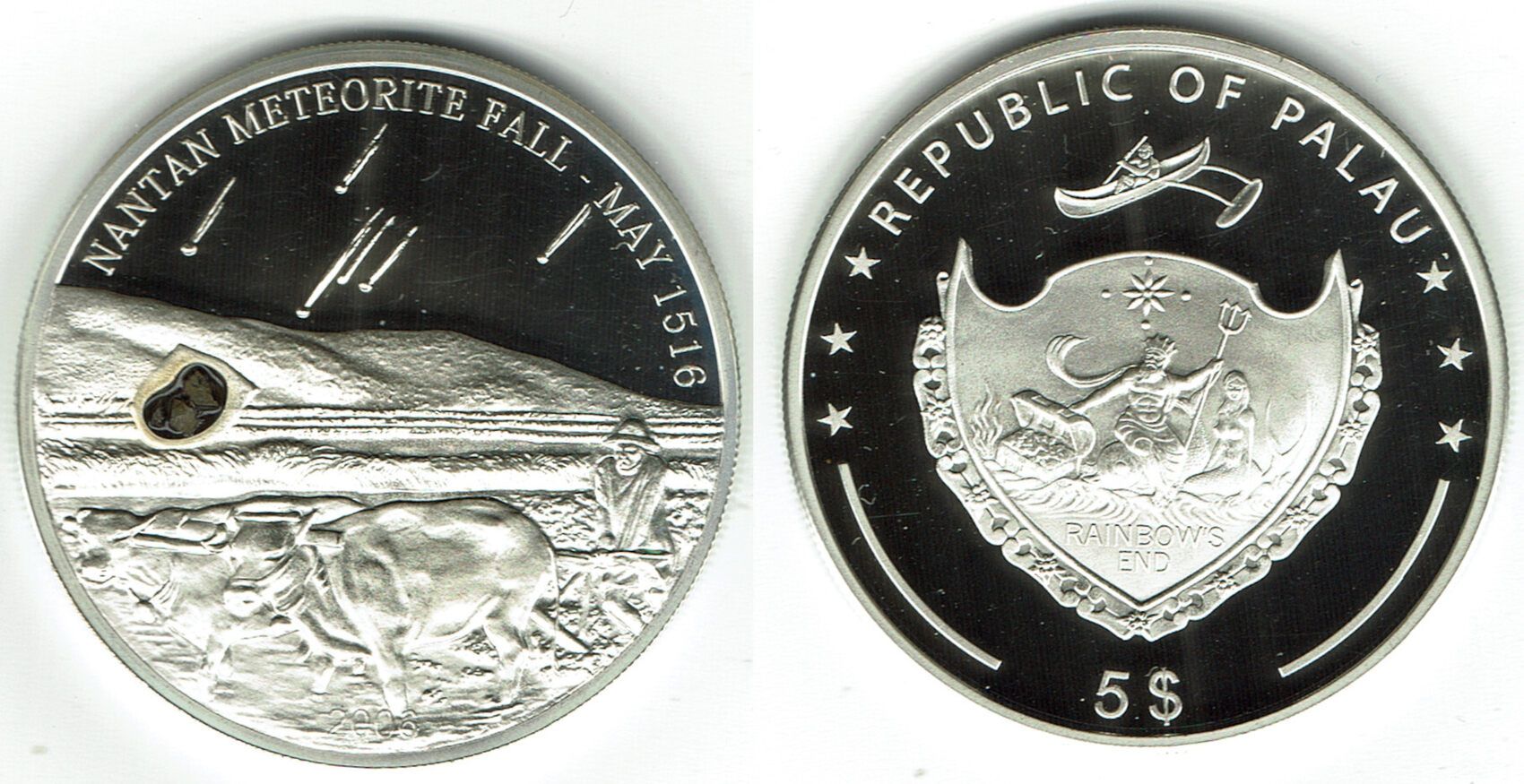 5 Dollars 2006 Palau, silver coin, the nantan meteorite, coloured, with ...