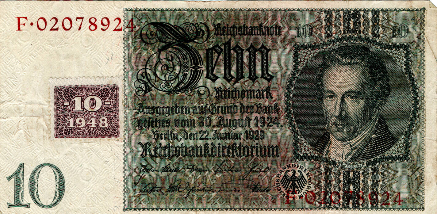 10 Mark (10 DM) Sowjetische Besatzungszone SBZ, 10 Mark, Serie 1948, Ro. 334, Kuponschein F-VF ...