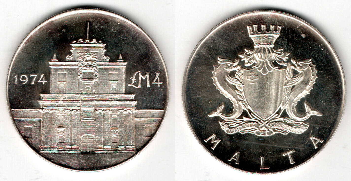 Malta 4 Pfund (4 Lira) 1974 Silver coin, 4 Pounds, Gate of Cottonera ...