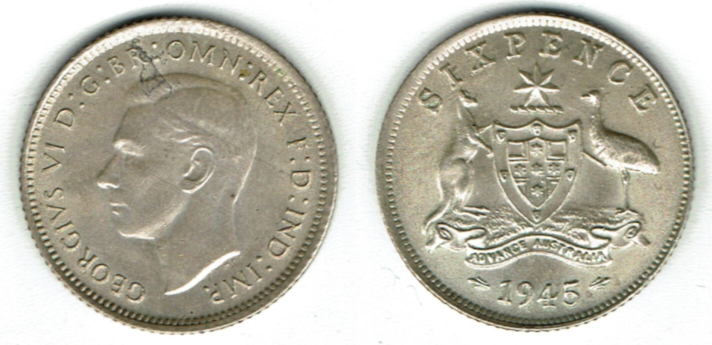 Australien 6 Pence (Sixpence) 1945 Australia, 6 Pence silver, george VI ...